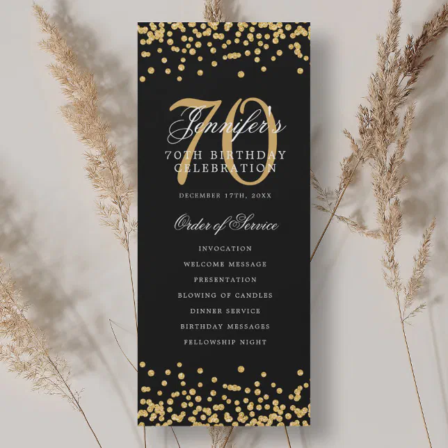 Elegant 70th Birthday Program Gold Black Confetti Invitation | Zazzle