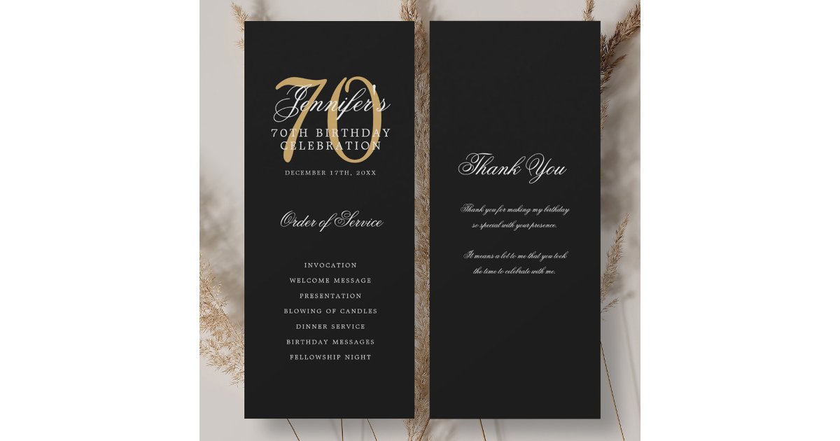Elegant 70th Birthday Program Gold Black Thank You Invitation | Zazzle