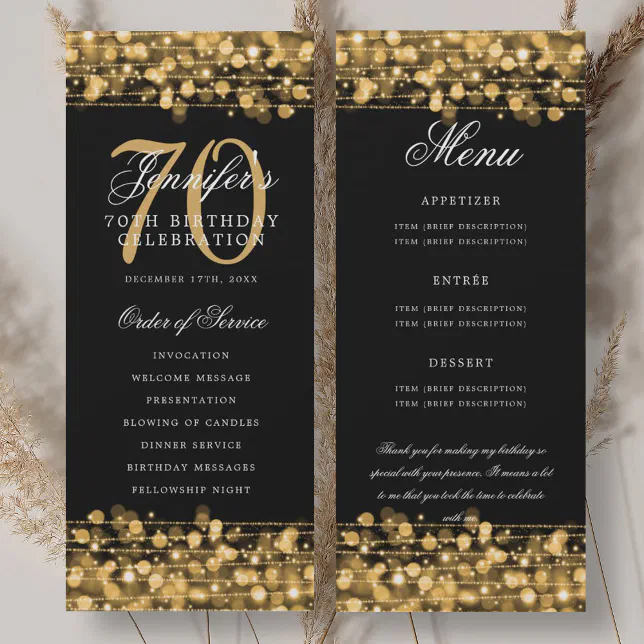 Elegant 70th Birthday Program Gold Menu+Thank You Invitation | Zazzle