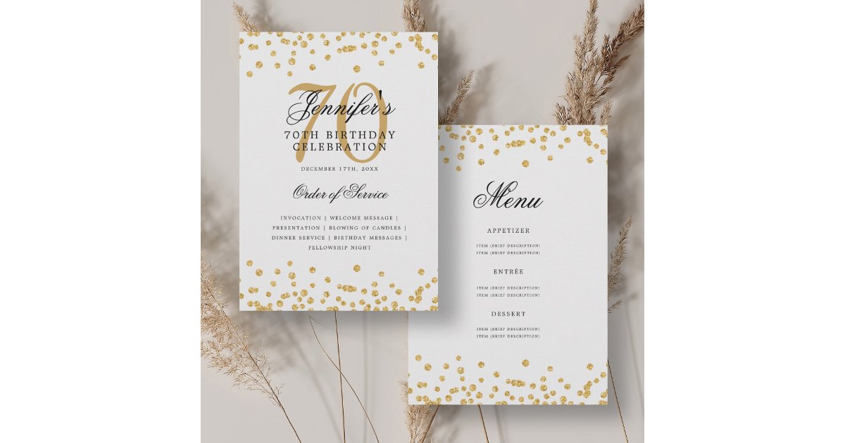 Elegant 70th Birthday Program Menu Gold Invitation | Zazzle
