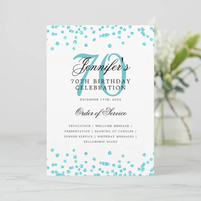 Elegant 70th Birthday Program Menu Turquoise Invitation | Zazzle
