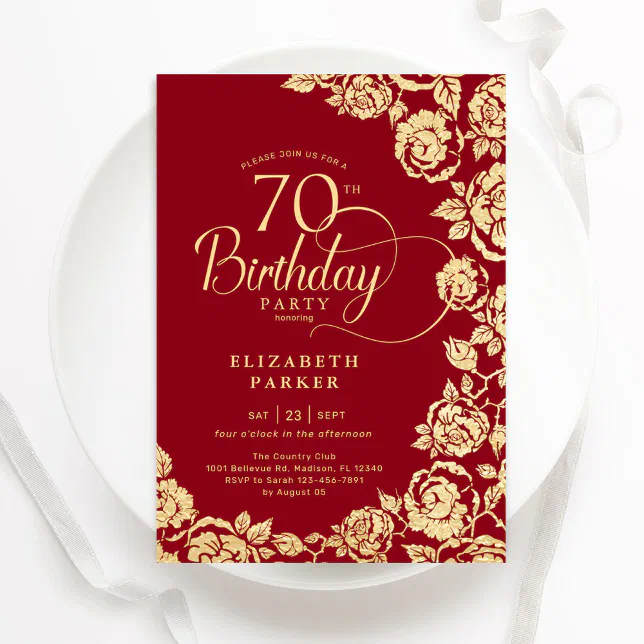 Elegant 70th Birthday Red Gold Roses Invitation | Zazzle