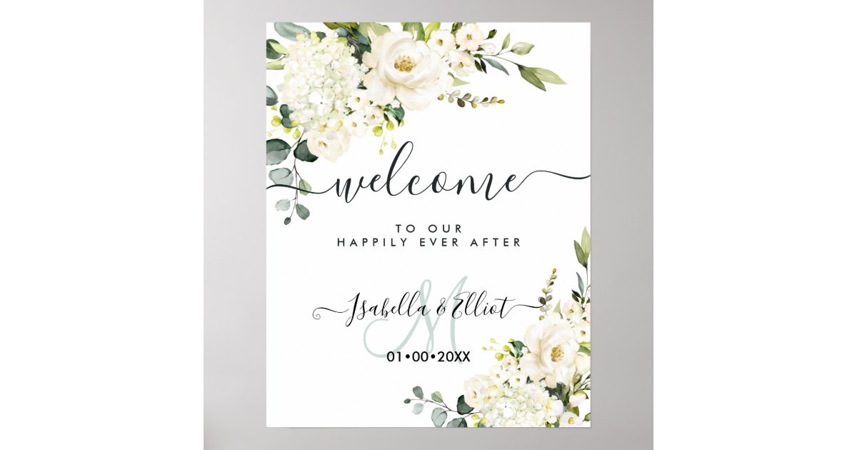 Elegant Alabaster Roses Hydrangea Welcome Poster | Zazzle