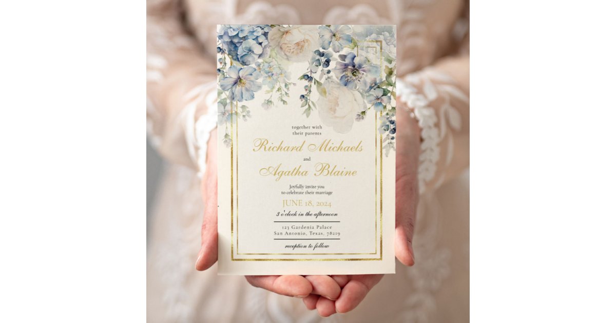 Elegant Azure Blue Floral Wedding Invitation | Zazzle