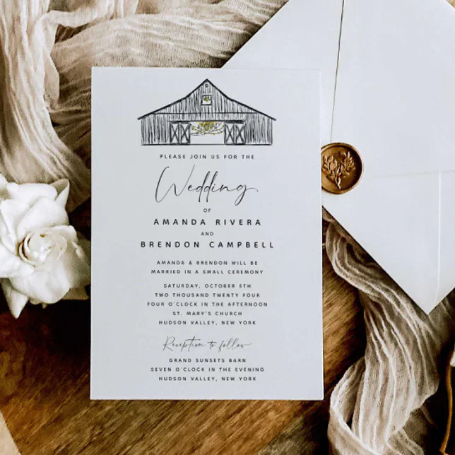 Elegant Barn Ceremony and Reception Wedding Invitation | Zazzle
