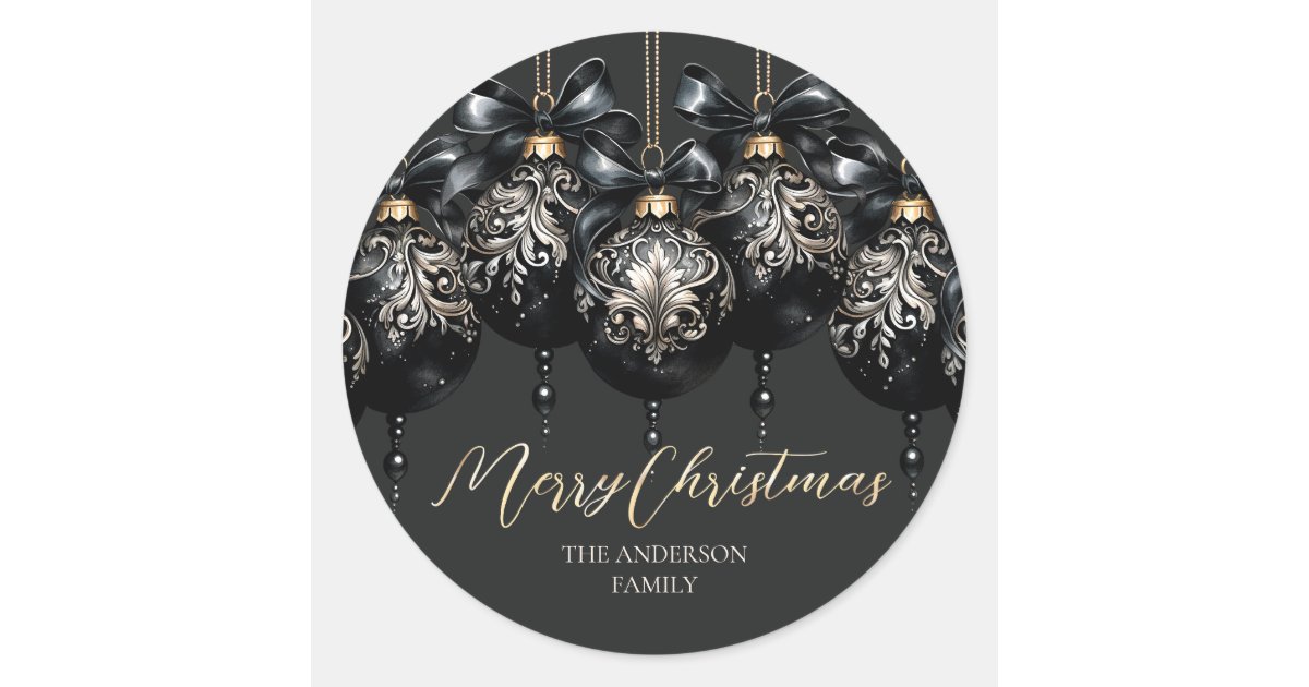 Elegant black and gold baubles luxury Christmas Classic Round Sticker | Zazzle