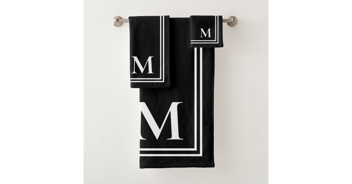 Elegant Black and White Monogram Bath Towel Set | Zazzle