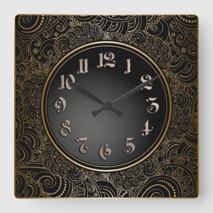 Elegant Black & Gold Square Wall Clock | Zazzle