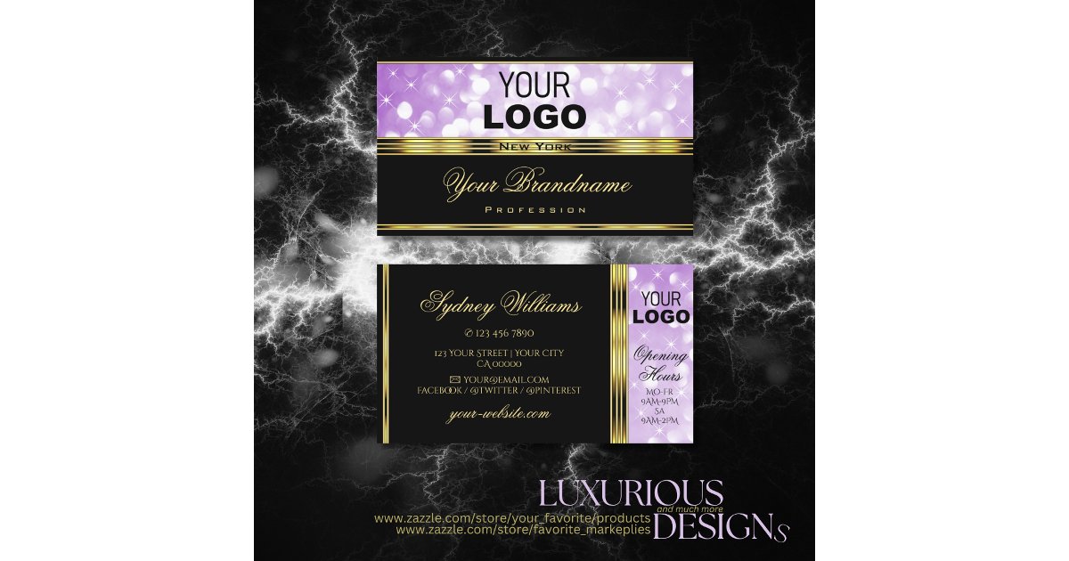 Elegant Black Purple Glitter Gold Boder add Logo Business Card | Zazzle