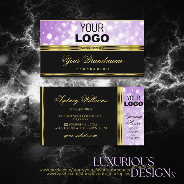 Elegant Black Purple Glitter Gold Boder add Logo Business Card | Zazzle