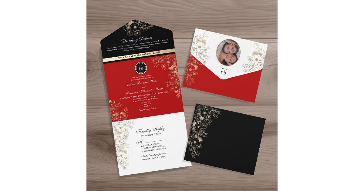 Elegant Black Red All-in-One Invitation | Zazzle