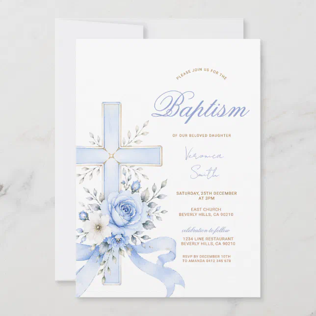 Elegant Blue Cross Flowers Religious Invitation | Zazzle
