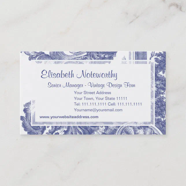 Elegant Blue French Baroque Toile Business Card | Zazzle