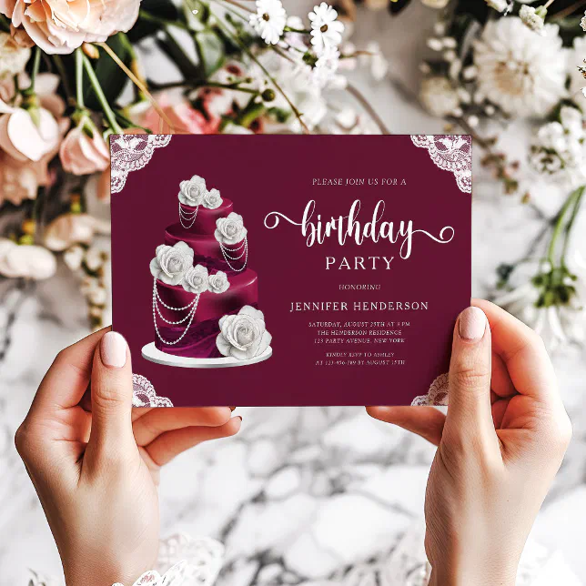 Elegant Burgundy Floral Cake Birthday Invitation | Zazzle