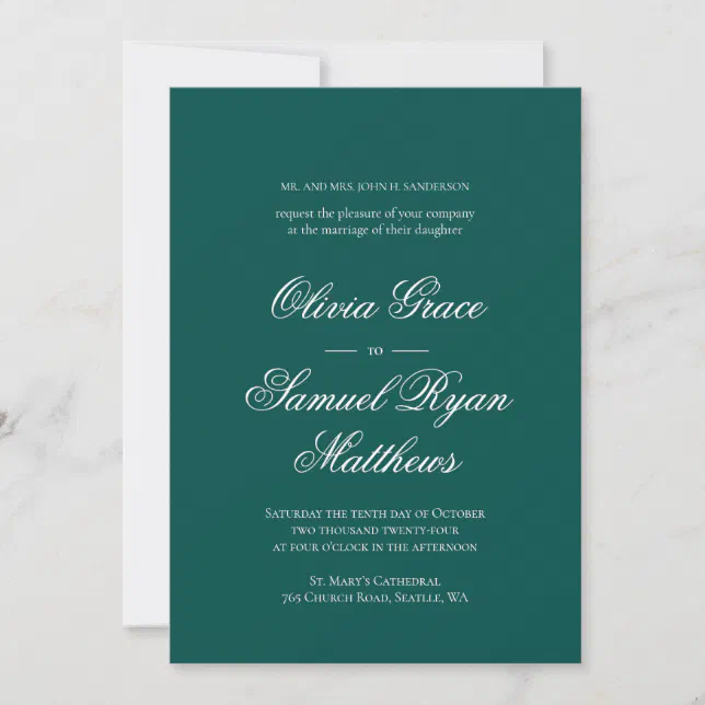 Elegant Calligraphy Classic Emerald Wedding Invitation | Zazzle