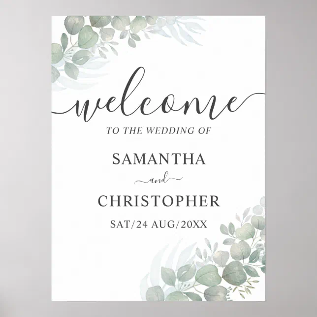 Elegant Calligraphy & Eucalyptus Welcome Wedding Poster | Zazzle