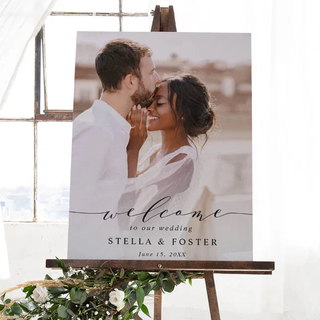 Elegant Calligraphy Photo Wedding Welcome Sign | Zazzle