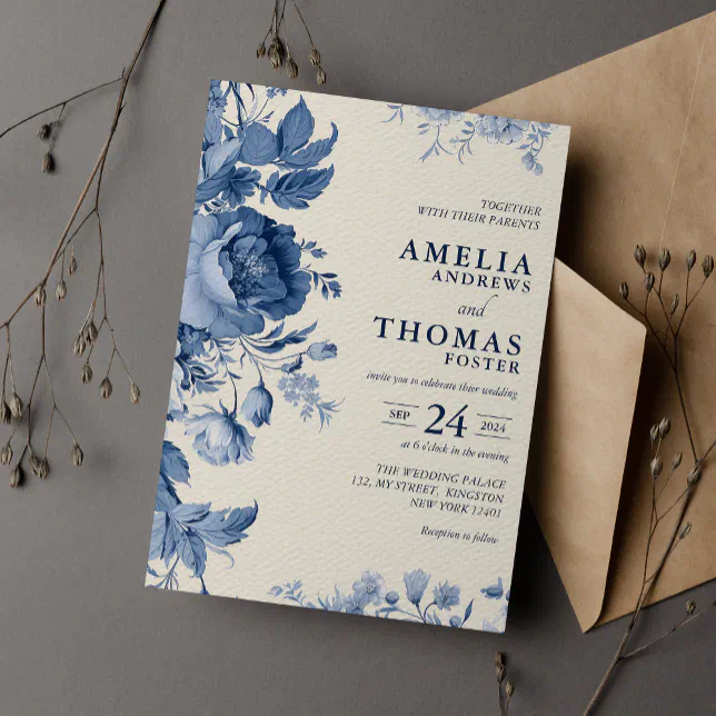 Elegant Classic Cream & French Blue Floral Wedding Invitation | Zazzle