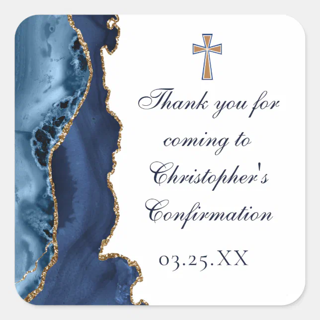 Elegant Confirmation Cross Navy Blue Gold Agate Square Sticker | Zazzle