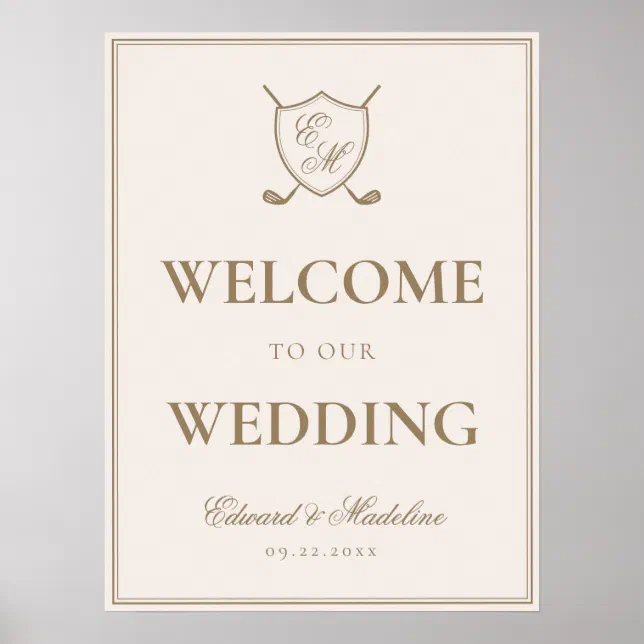 Elegant Crest Monogram Golf Wedding Welcome Poster | Zazzle