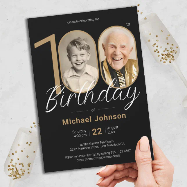 Elegant Custom Photo Gold Black 100th Birthday Invitation | Zazzle