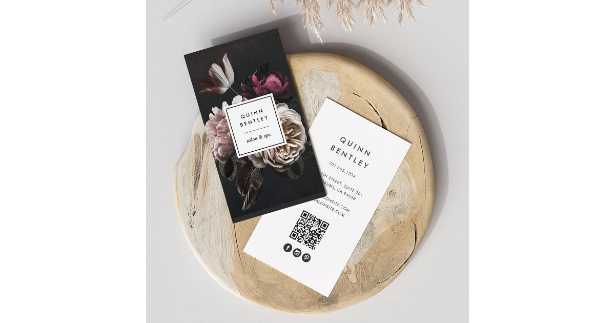 Elegant Dark Floral Bouquet | Vertical QR Code Business Card | Zazzle