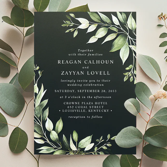 Elegant Dark Green Modern Greenery Leaves Wedding Invitation | Zazzle