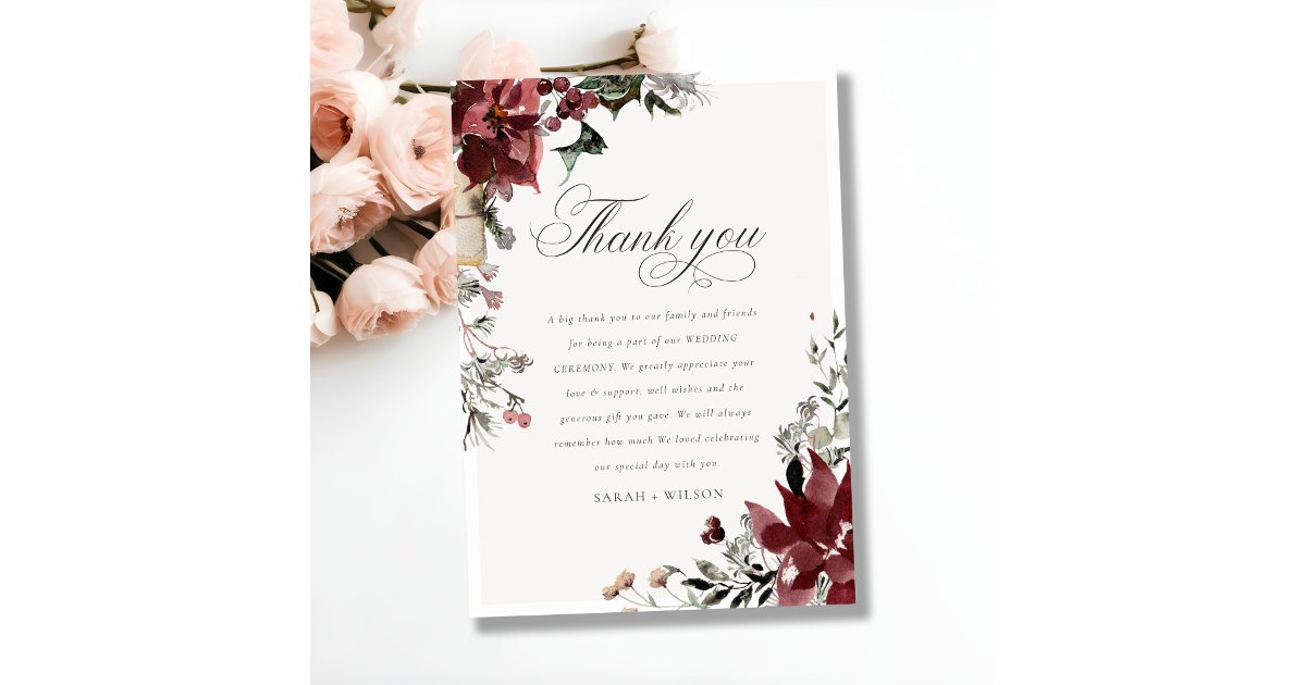 Elegant Dusky Warm Winter Festive Foliage Wedding Thank You Card | Zazzle