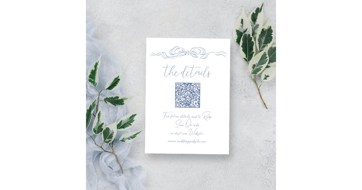 Elegant Dusty Blue Hand Drawn Bow QR Code Details Enclosure Card | Zazzle
