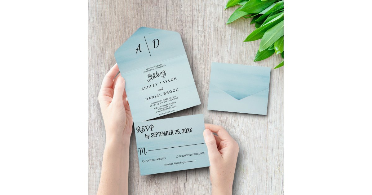 Elegant dusty blue sky All in One Wedding Invite | Zazzle