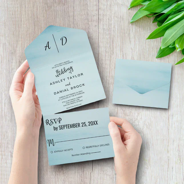 Elegant dusty blue sky All in One Wedding Invite | Zazzle