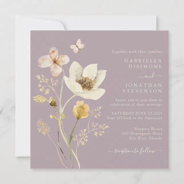 Elegant Dusty Mauve Watercolor Wildflowers Wedding Invitation | Zazzle