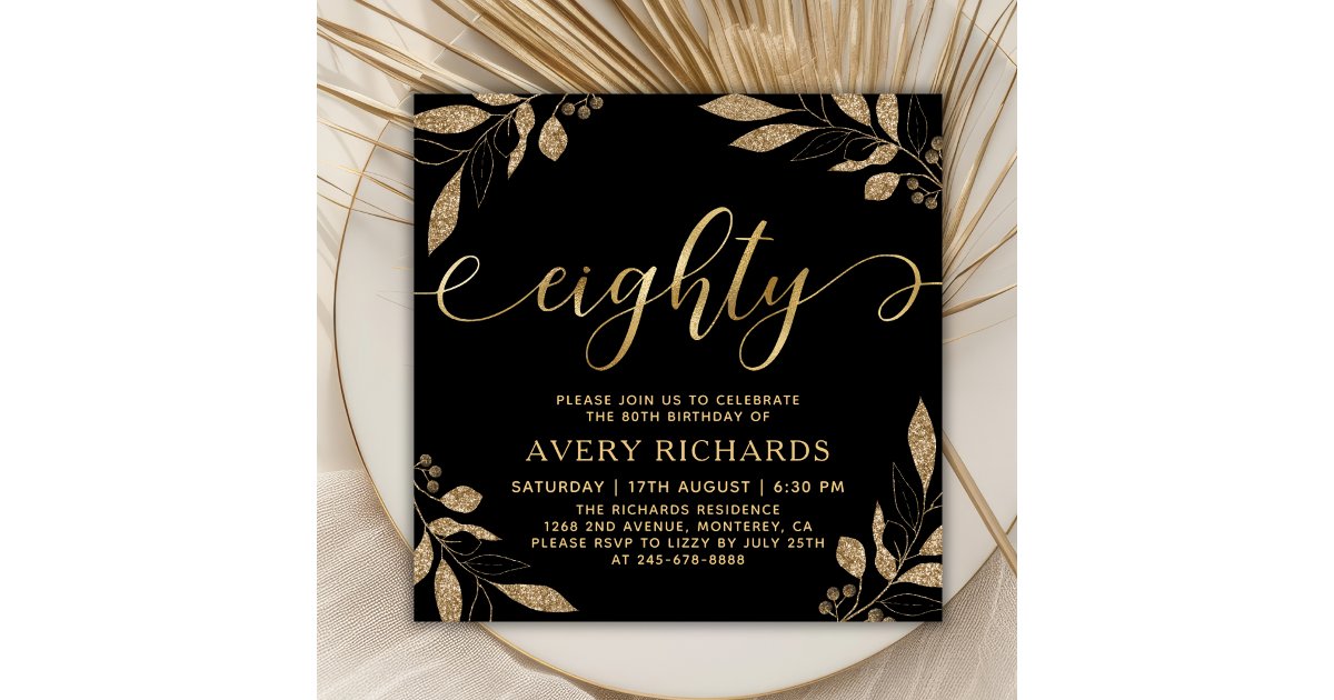 Elegant Eighty Gold Script Black 80th Birthday Invitation | Zazzle