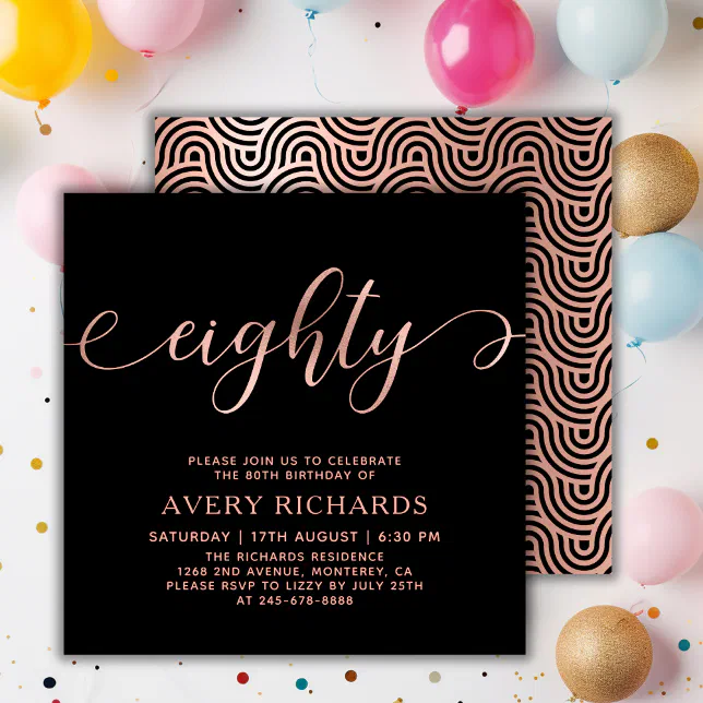 Elegant Eighty Rose Gold Script 80th Birthday Invitation | Zazzle