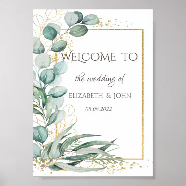 Elegant Eucalyptus Greenery Gold Frame Wedding Poster | Zazzle