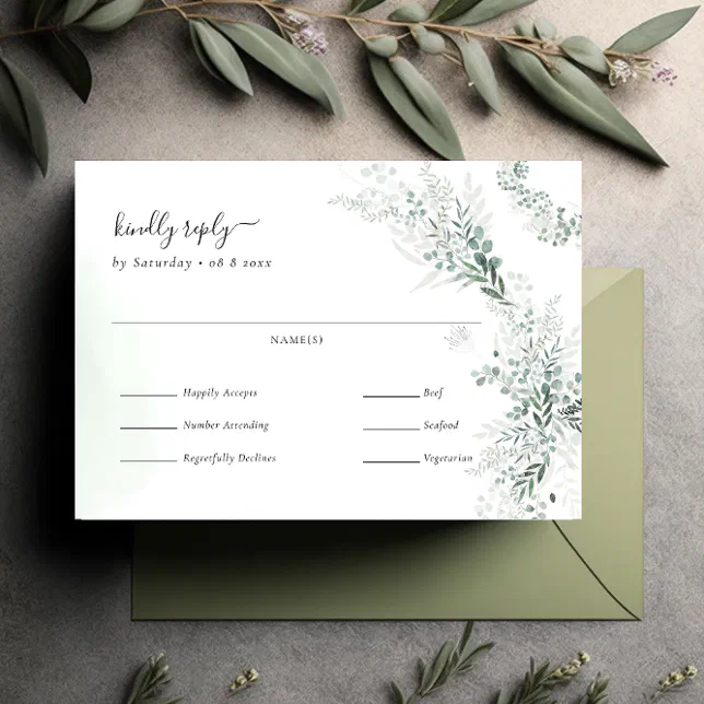 Elegant Eucalyptus Greenery Wedding Meal Choice RSVP Card | Zazzle