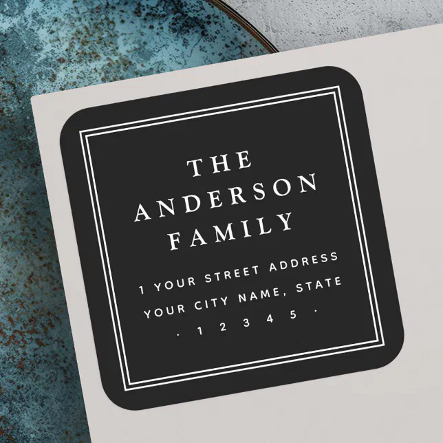 Elegant family name border black return address square sticker | Zazzle