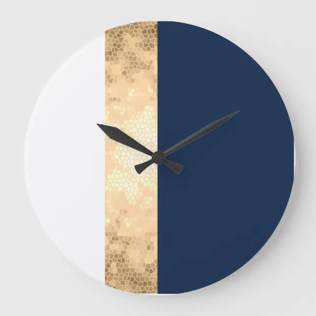 elegant faux gold, navy blue, white stripes large clock | Zazzle