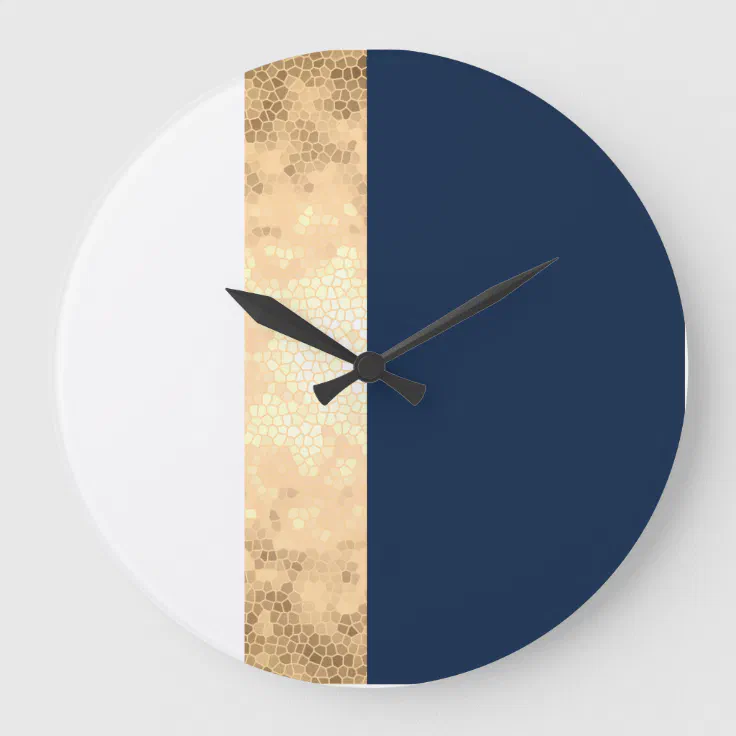 elegant faux gold, navy blue, white stripes large clock | Zazzle