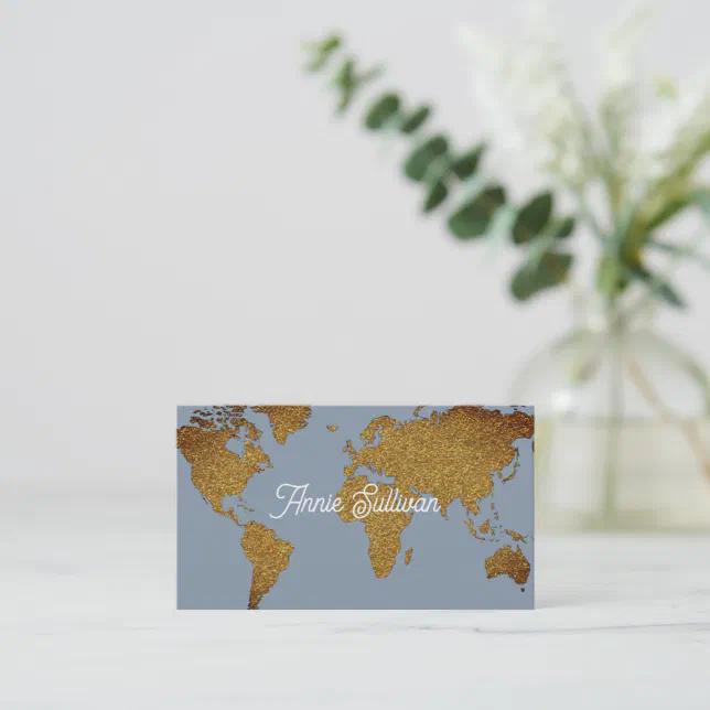 Elegant Faux Gold World Map Dusty Blue Business Card | Zazzle