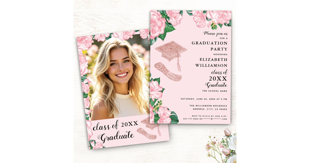 Elegant Floral Blush Pink and Rose Gold Graduation Invitation | Zazzle