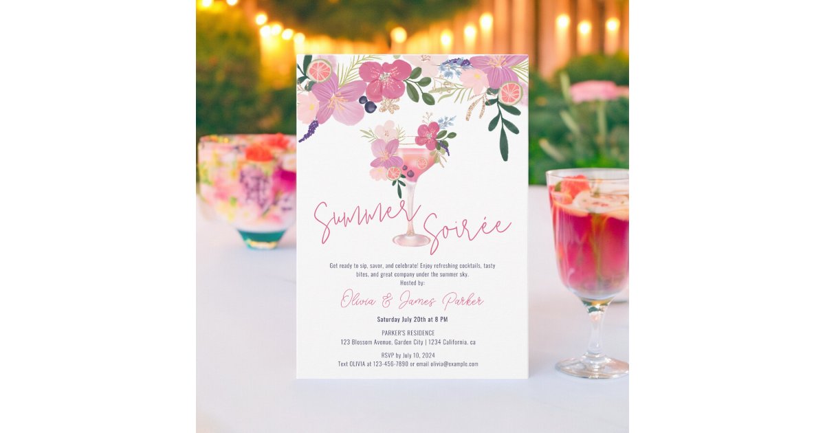 Elegant Floral Cocktail Hand Drawn Summer Soirée Invitation | Zazzle