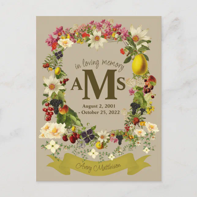 Elegant Floral Crest In Loving Memory Funeral Postcard | Zazzle