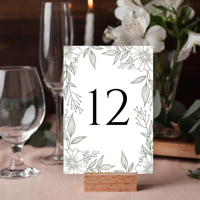 Elegant Floral Line Drawing Sage Green Wedding Table Number | Zazzle