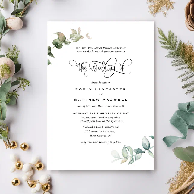 Elegant Formal, and Minimal, Greenery Wedding Invitation | Zazzle