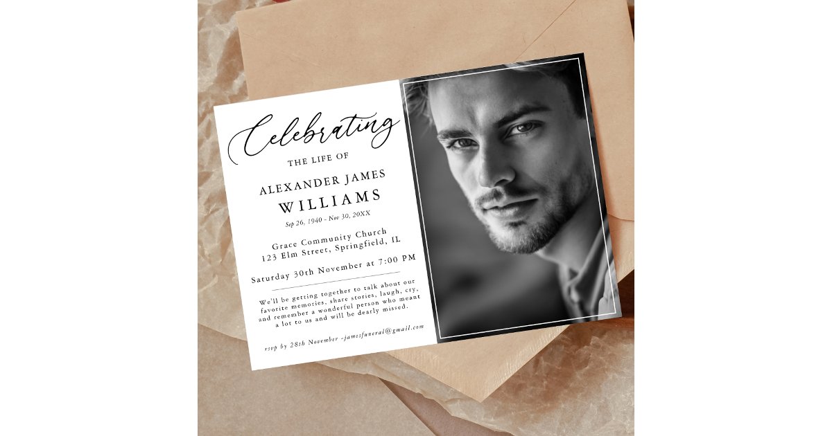 Elegant Funeral Celebration of life Photo Memorial Invitation | Zazzle