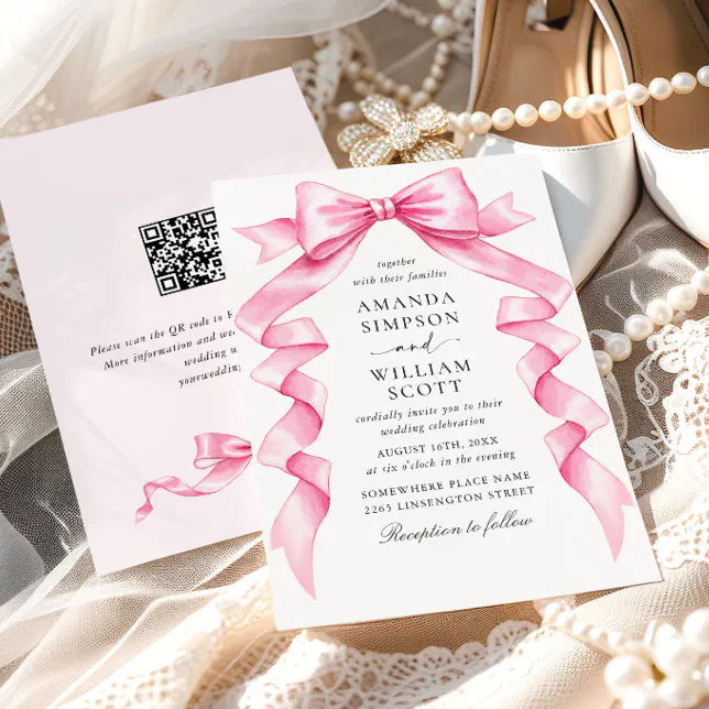Elegant Gentle Pink Hand Drawn Bow Wedding QR code Invitation | Zazzle
