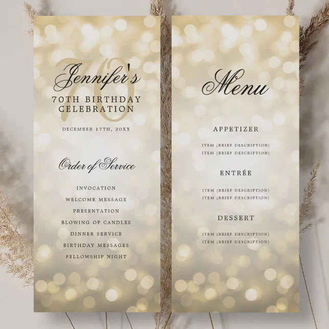 Elegant Gold Bokeh 70th Birthday Program w/ Menu Invitation | Zazzle