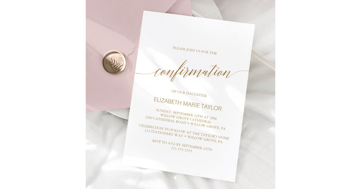 Elegant Gold Calligraphy Confirmation Invitation | Zazzle