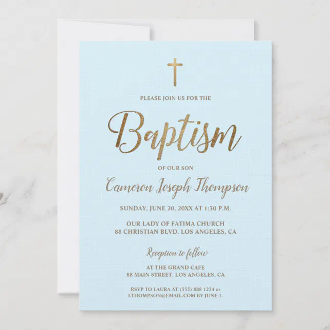 Elegant Gold cross Blue Custom Baptism Invitation | Zazzle